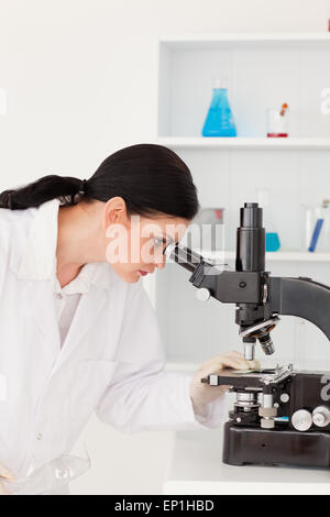 Dark-haired scientist looking through a microscope Stock Photo - Alamy