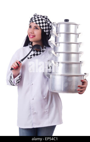 The cook with stack of pots on white Stock Photo - Alamy