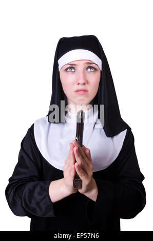 Nun with handgun isolated on white Stock Photo - Alamy