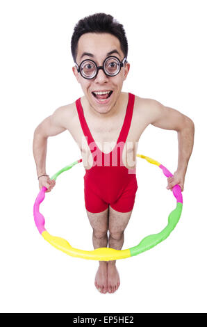 Funny sportsman with hula hoop on white Stock Photo - Alamy