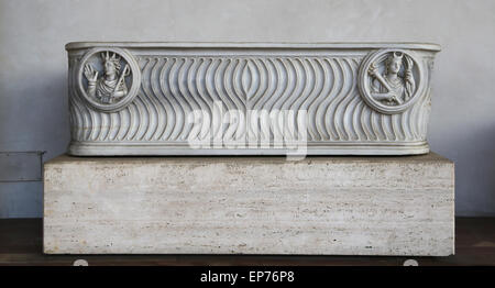 Roman sarcophagus. Strigillated. Bust of Selene (goddes moon) in a ...