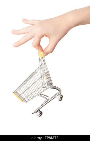Hand holding shopping cart isolated on white Stock Photo - Alamy