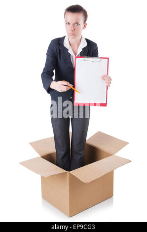 Woman with paper pad out of box Stock Photo - Alamy