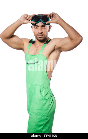 The man in green coveralls with goggles Stock Photo - Alamy