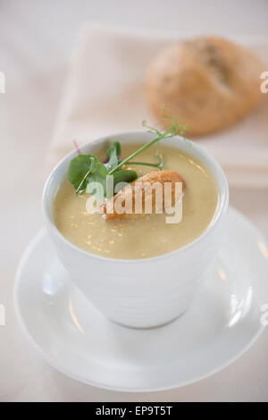 Leek and potato soup with smoked haddock beignet Stock Photo - Alamy
