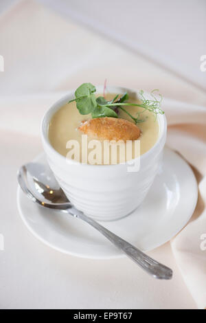 Leek and potato soup with smoked haddock beignet Stock Photo - Alamy