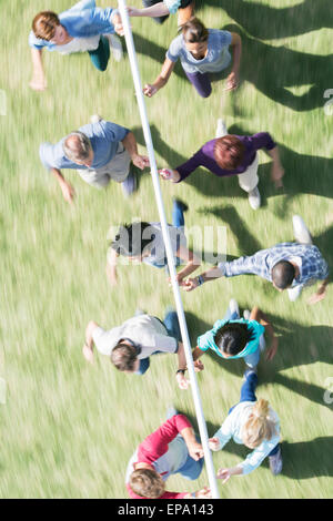 high angle view of blurred african american man in wireless earphone ...