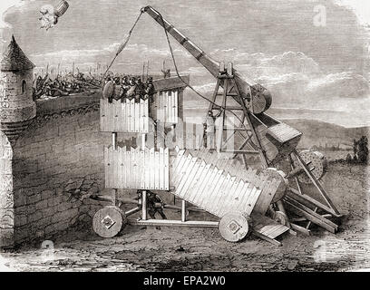 Trebuchet. Type of catapult. Siege engine. Engraving, 19th century ...