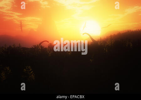 Dinosaurs in Prehistoric Jungle in the Sunset Sunrise 3D Artwork Stock ...