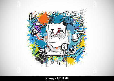 Life event doodles on paint splashes against white background with ...