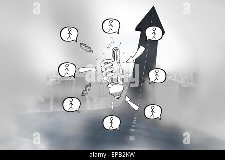 Light bulb doodle with stick figures against blue background with ...