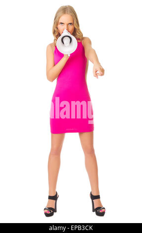 Young woman shouting in megaphone with CLOUD GAMING inscription, Modern ...