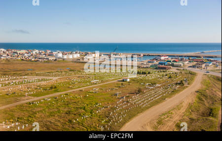 An aerial view of the city of Nome with Norton sound and the sea wall ...