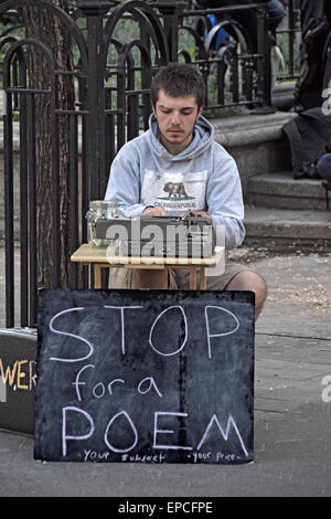 An poet and street busker soliciting money for writing poems in ...