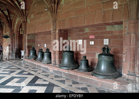Church bells on display in the medieval cloisters in Worcester ...