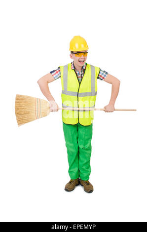 Funny janitor with broom isolated on white Stock Photo - Alamy