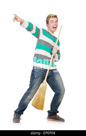 Funny man with mop isolated on white Stock Photo - Alamy