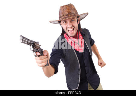 Portrait of cowboy pointing gun on wild west film set, Fort Bravo ...