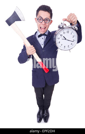 The funny man with axe and clock on white Stock Photo - Alamy