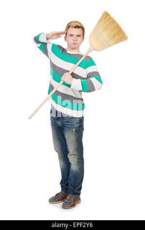 Funny man with mop isolated on white Stock Photo - Alamy