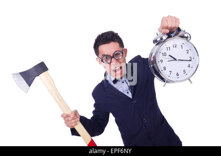 Funny man with axe and clock on white Stock Photo - Alamy