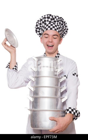 The cook with stack of pots on white Stock Photo - Alamy
