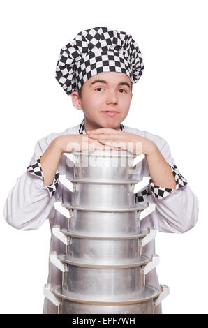 The cook with stack of pots on white Stock Photo - Alamy