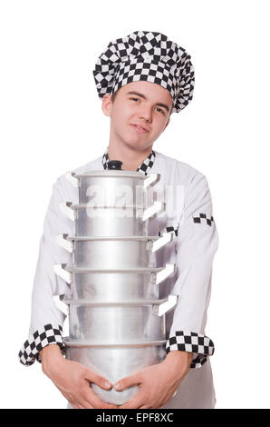 The cook with stack of pots on white Stock Photo - Alamy