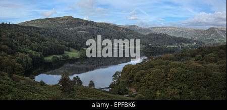 Panoramic view of Grasmere Lake with reflections in The Lake District ...
