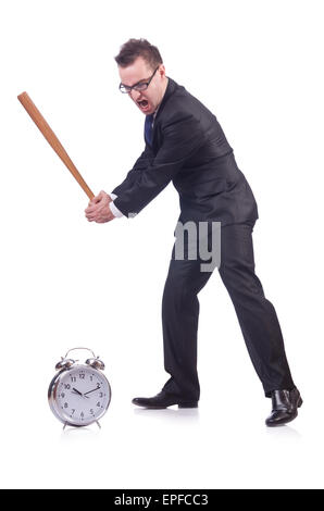Man hitting the clock with baseball bat isolated on the white Stock ...