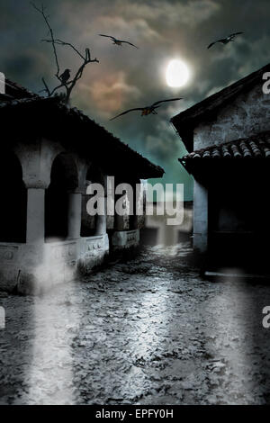 Scary dark courtyard in the ominous moonlight night in a cold Halloween ...