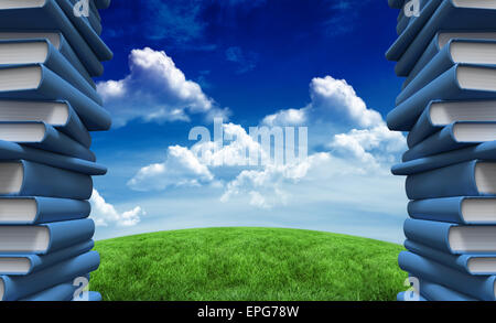 Digital composite of Pile of blue books with black business doodles ...