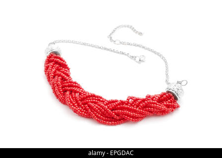 Necklace of red plastic on a white background ethnic Stock Photo - Alamy