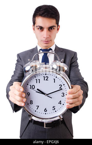 Man with clock afraid to miss deadline isolated on white Stock Photo ...