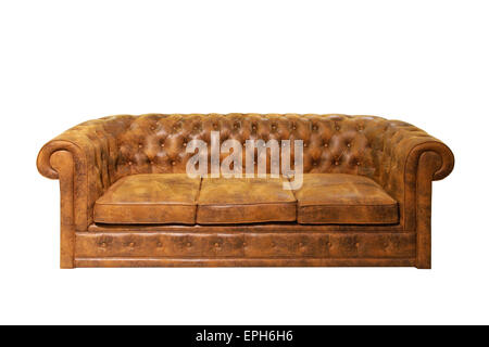 Classic brown leather Chesterfield sofa close up Stock Photo - Alamy