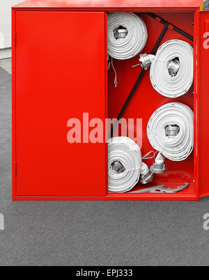 Fire hose cabinet, Fire equipment box, walkway area in modern building ...