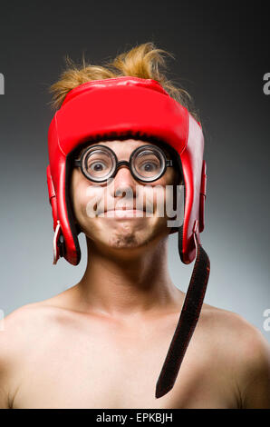 Boxing and comic conflict concept. Weak guy makes hits and punches. Man ...