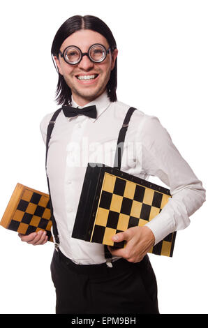 Nerd chess player isolated on white Stock Photo - Alamy