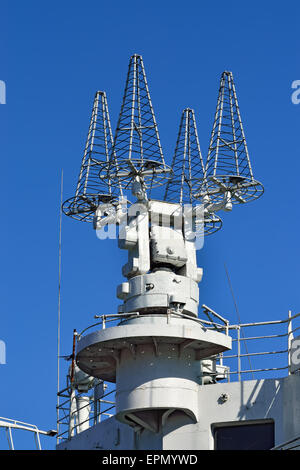 Antennas and navigation system of a ship in a clear blue sky Stock ...