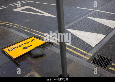 Aerial landscape of road diversion sign and road triangle markings ...