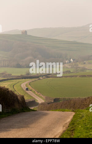 Saint Catherine's Chapel high above misty hazy green countryside at ...