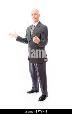 Professional conductor with baton on white background, back view Stock ...