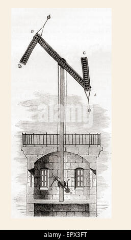 An old engraving of an optical telegraph (semaphore). It is from a ...