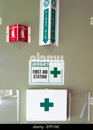 A signboard with the text "first aid", "life guard" attached to the ...