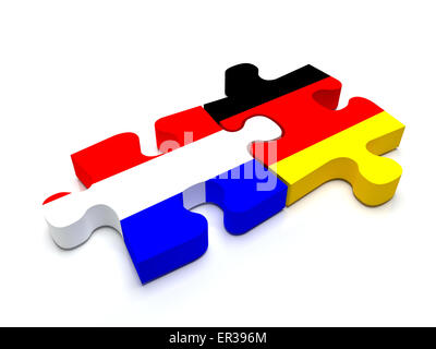 Puzzle pieces connect a piece containing the US flag and the German ...