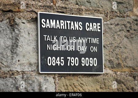 Samaritans sign on [Clifton Suspension Bridge] showing telephone number ...