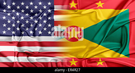 Grenada and United States flag waving in the wind against white cloudy ...