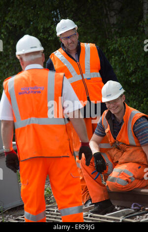 Railway workers from Signalling Solutions and Alstom working trackside ...