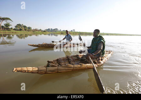 Men in papyrus boats, Tana Lake, Bahir Dar, Amhara region, Ethiopia ...