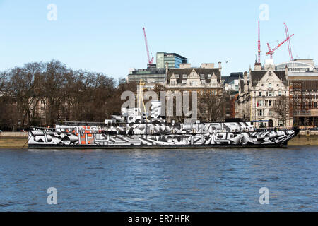 HMS President in WW1 dazzle camouflage, River Thames, London, England ...